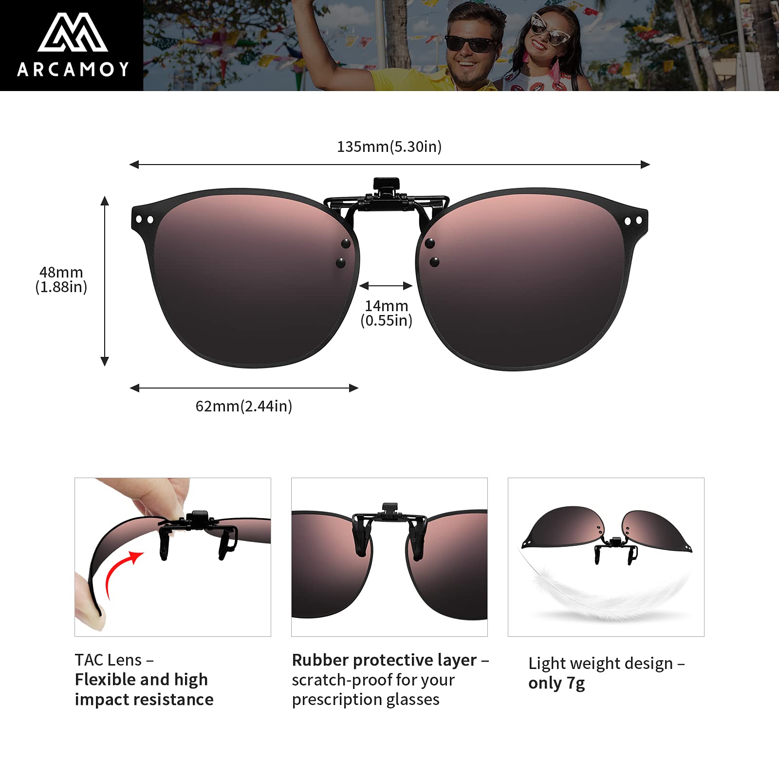 ARCAMOY Clip on Sunglasses Over Prescription Glasses Polarized Anti Glare Flip Up UV Protection Glasses For Men Women (Pink Flash)