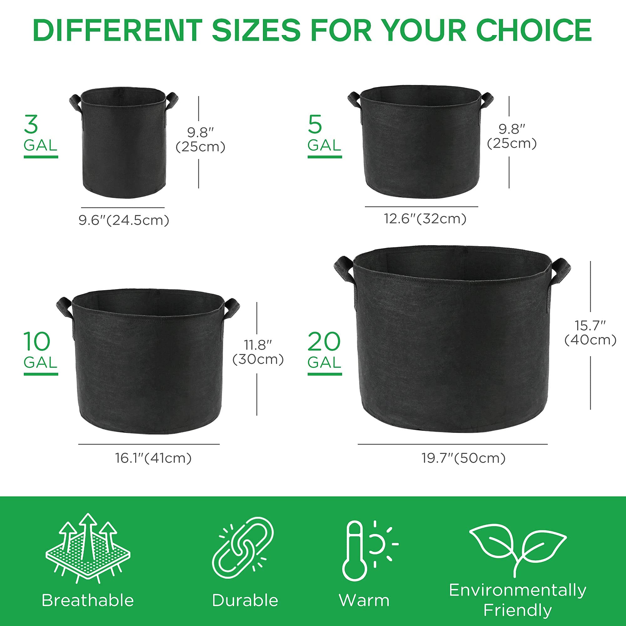 LotFancy 5-Pack 10 Gallon Grow Bags, Thickened Nonwoven Aeration Fabric Pots with Reinforced Handles, Heavy Duty Gardening Planter Containers for Vegetables Flowers Fruits, Black