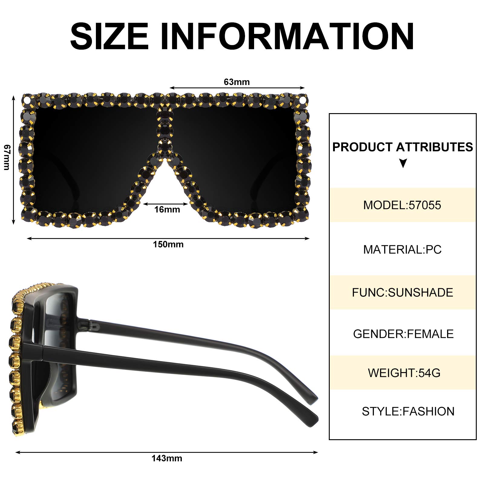 Weewooday 2 Pairs Oversized Square Crystal Sunglasses Flat Top Sunglasses Retro Thick Frame Bling Glasses for Women Men(Black)