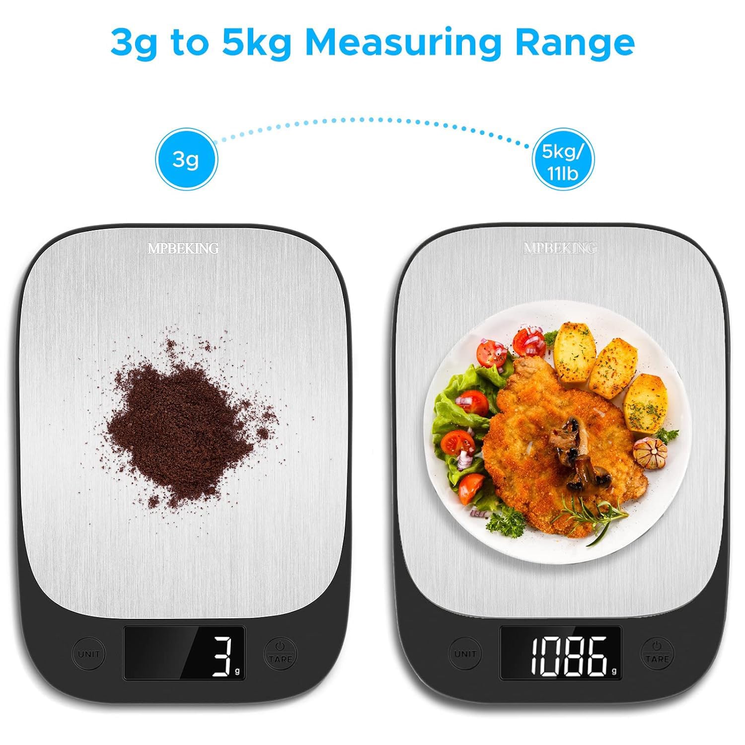 MPBEKING Digital Food Scale, Kitchen Scale Weight Grams and Oz for Weight Loss, Cooking, Baking 3g/0.1oz High Precise Multifunction Scales 304 Stainless Steel with Backlit LCD Display