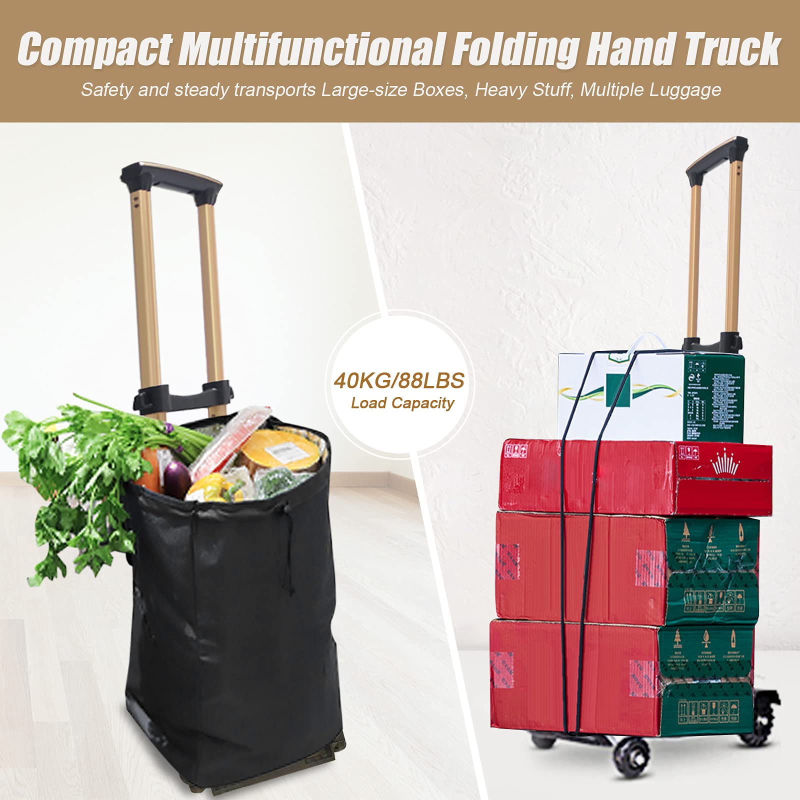 Folding Hand Truck, Dolly for Moving Foldable Hand Cart with 88 LBS Loading Capacity and 4 Heavy Duty Wheels Dolly Cart for Luggage, Personal, Travel, Moving and Office Use