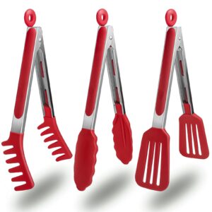 hst 3 pack kitchen tongs, non stick stainless steel 9 inch tongs with silicone tip for cooking bbq baking(red)