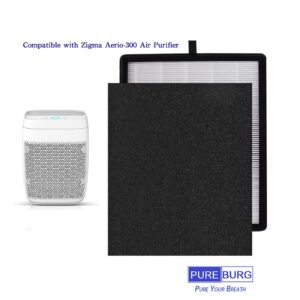 PUREBURG Replacement Filter Set Compatible with Zigma Aerio-300 Air Purifier, H13 HEPA + Activated Carbon Pre-Filter x 2 Air Clean Dust VOCs