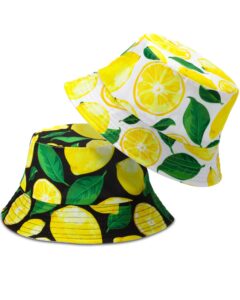 bennim 2 pieces unisex lemon pattern bucket hats reversible fisherman cap for casual travel beach,black, white ,uncertainly