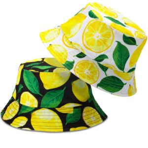 Bennim 2 Pieces Unisex Lemon Pattern Bucket Hats Reversible Fisherman Cap for Casual Travel Beach,Black, White ,Uncertainly