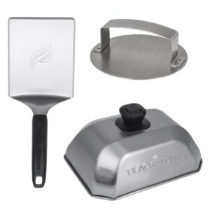 blackstone 5462 hamburger kit (3 piece) – metal flipper spatula turner, basting cover & hamburger press patty stainless steel burger maker set for bacon, steak–griddle accessories for grilling, black