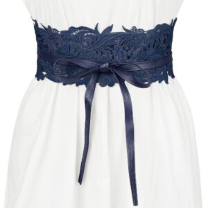 Allegra K Womens Lace Wide Waist Belt Wrap Around Obi Croset Belts Bowknot 65-80cm/25.59-31.50" Navy Blue