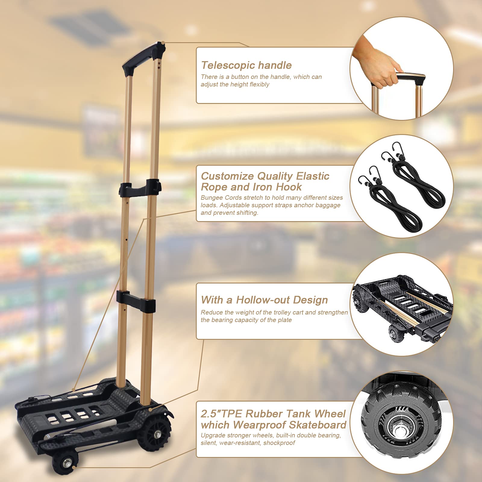 Folding Hand Truck, Dolly for Moving Foldable Hand Cart with 88 LBS Loading Capacity and 4 Heavy Duty Wheels Dolly Cart for Luggage, Personal, Travel, Moving and Office Use