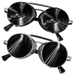 retro round steampunk sunglasses men women side shield goggles gothic uv400 protection black frame red lens 2 pack