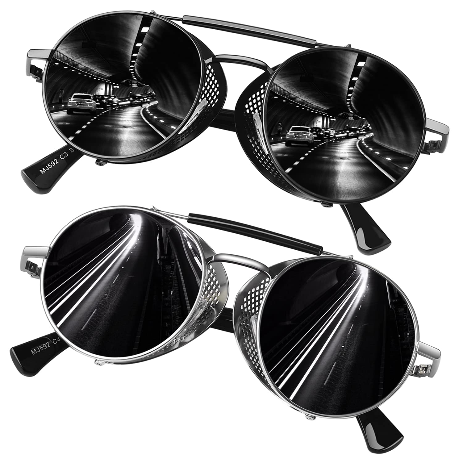 Retro Round Steampunk Sunglasses Men Women Side Shield Goggles Gothic UV400 Protection Black Frame Red Lens 2 Pack