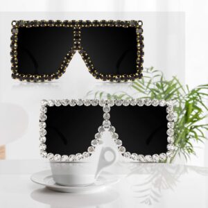 Weewooday 2 Pairs Oversized Square Crystal Sunglasses Flat Top Sunglasses Retro Thick Frame Bling Glasses for Women Men(Black)