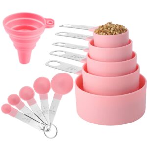 measuring cups and spoons set of huygens kitchen gadgets 10 pieces, stackable stainless steel handle measuring cups for measuring dry and liquid ingredient (pink)