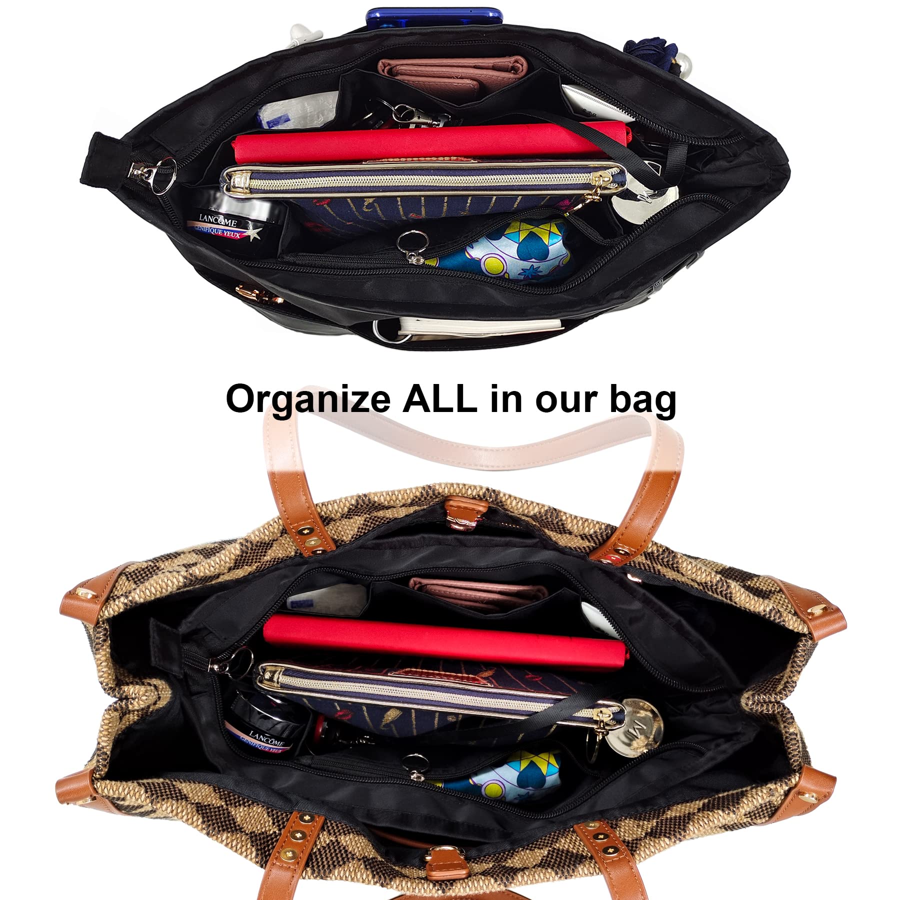 Time Wing Purse Organizer Insert Tote Handbag Organizer Pocketbook Divider Bag in Bag Shaper Liner Multi Pockets Compartments Zippers Key Chain Large Black