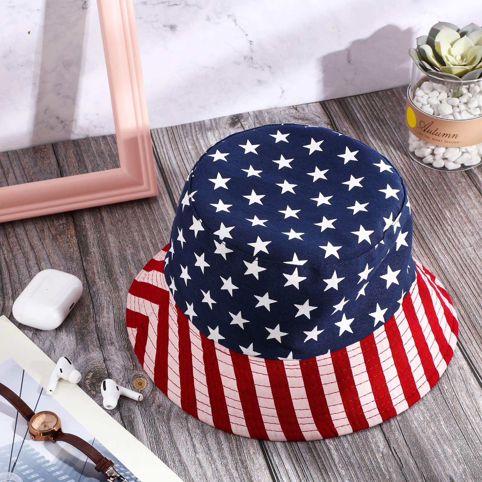 Handepo 2 Pieces American Flag Bucket Hat Fisherman Hat Travel Sun Hat Outdoor Hat for Men Women, Mixed Color