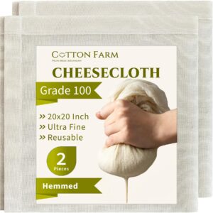 cotton farm hemmed cheese cloths, grade 100, 20x20 inch, precut, ready to use, muslin cheesecloth for straining and cooking, 100% unbleached cotton, ultra fine and dense, reusable, washable