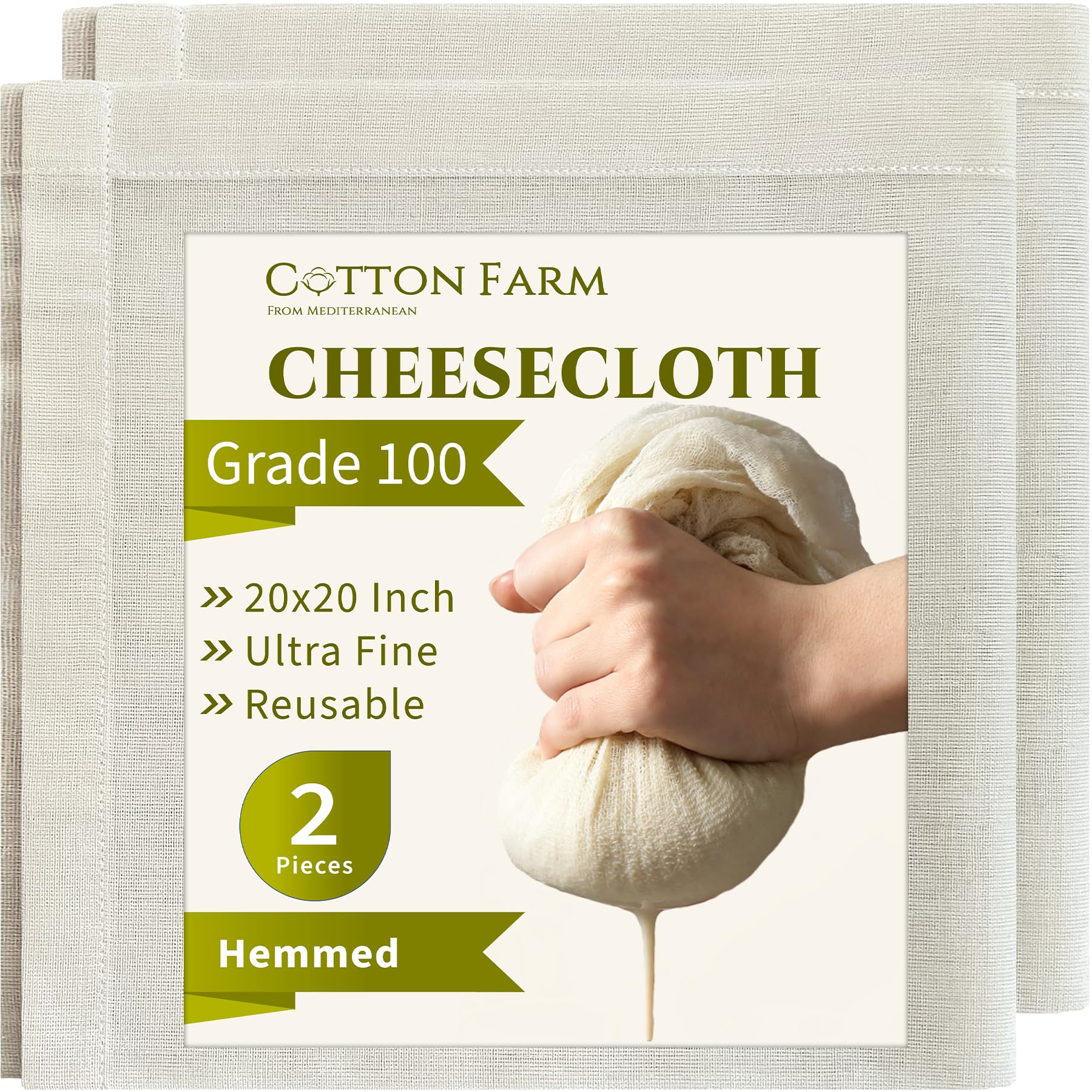 Cotton Farm Hemmed Cheese Cloths, Grade 100, 20x20 inch, Precut, Ready to Use, Muslin Cheesecloth for Straining and Cooking, 100% Unbleached Cotton, Ultra Fine and Dense, Reusable, Washable