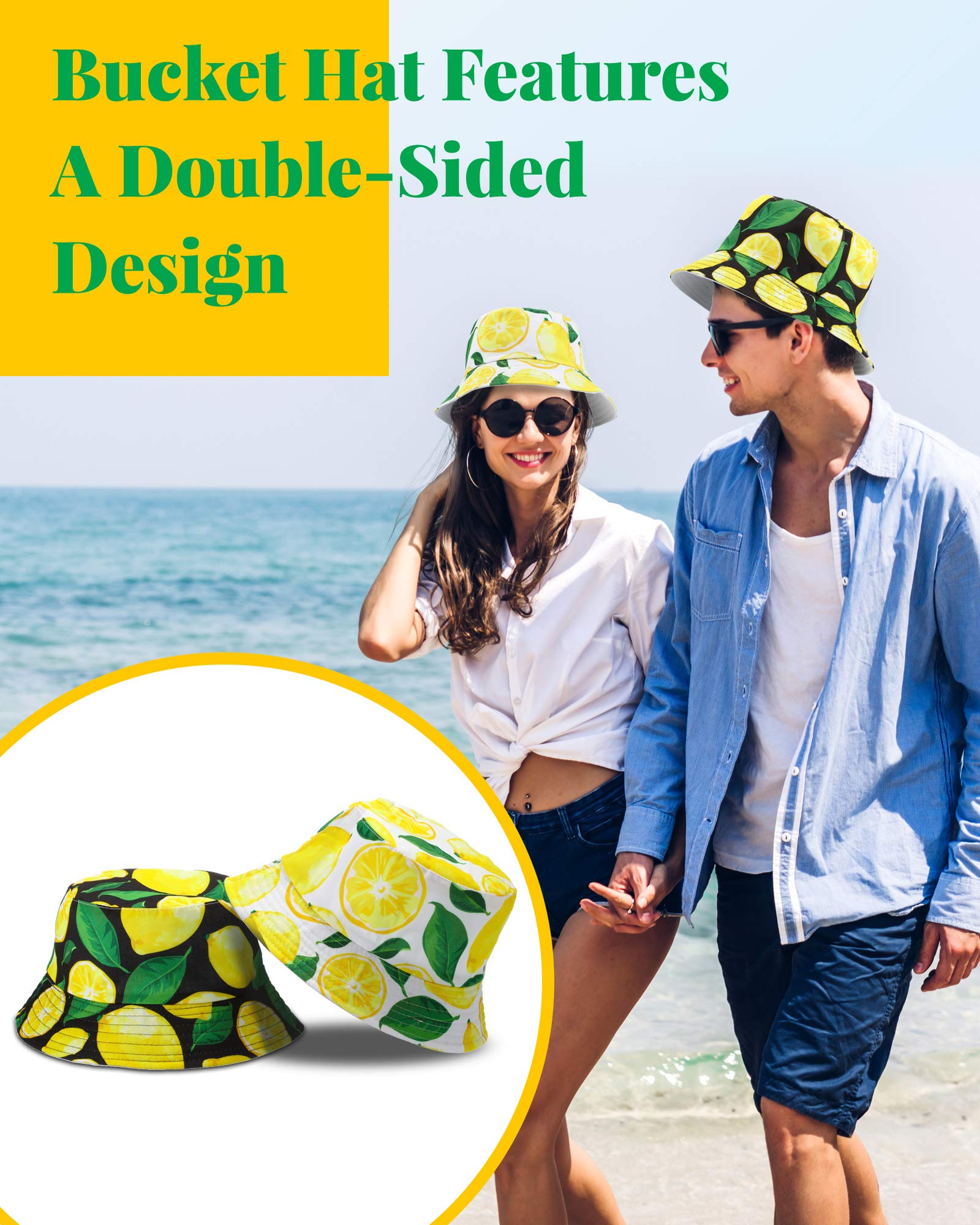 Bennim 2 Pieces Unisex Lemon Pattern Bucket Hats Reversible Fisherman Cap for Casual Travel Beach,Black, White ,Uncertainly