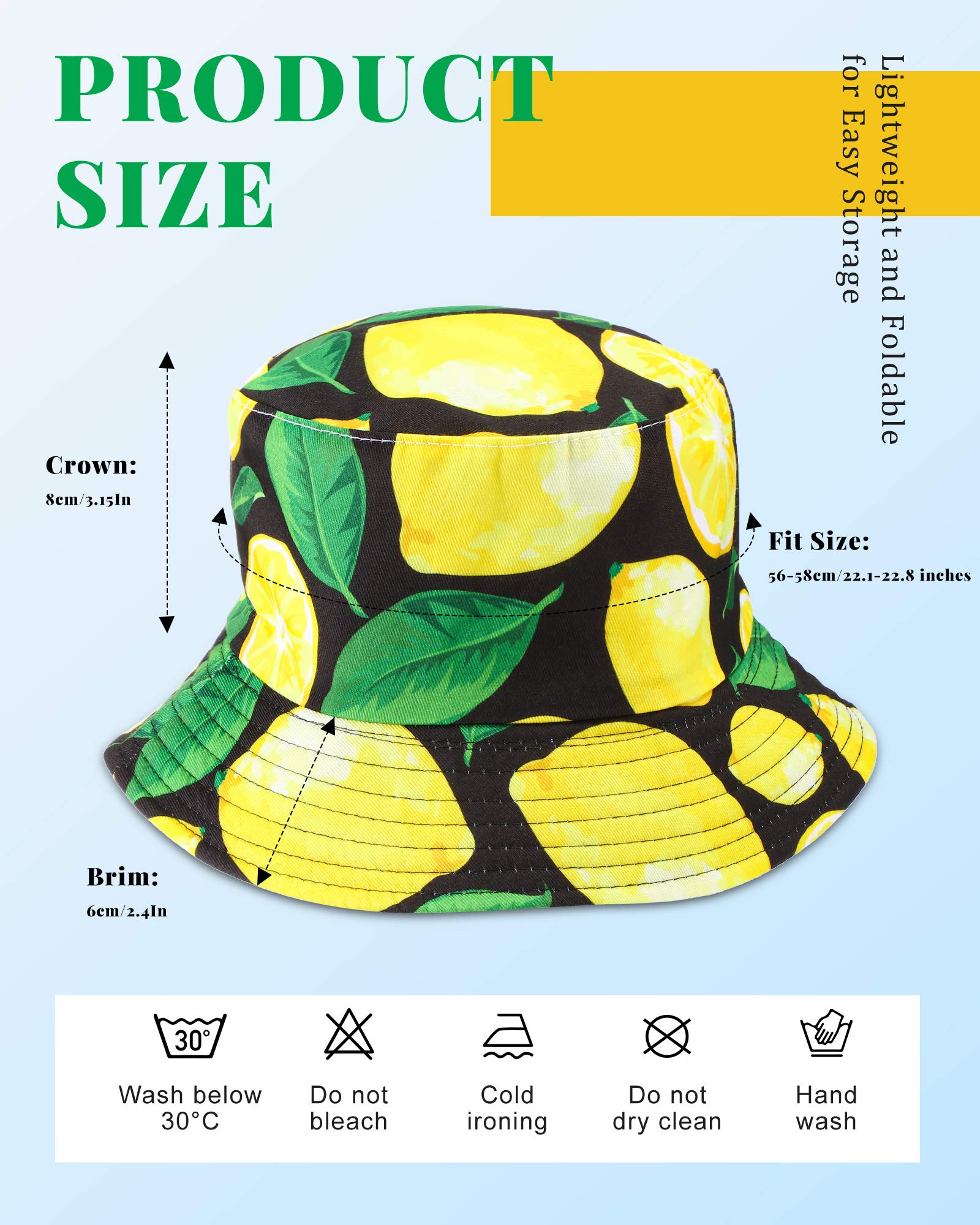 Bennim 2 Pieces Unisex Lemon Pattern Bucket Hats Reversible Fisherman Cap for Casual Travel Beach,Black, White ,Uncertainly