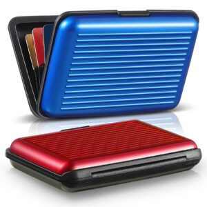 bbto 2 pieces credit card holder slim mini rfid blocking credit card protector aluminum business card case metal id organizer wallet with 7 slots for women men (red, blue)