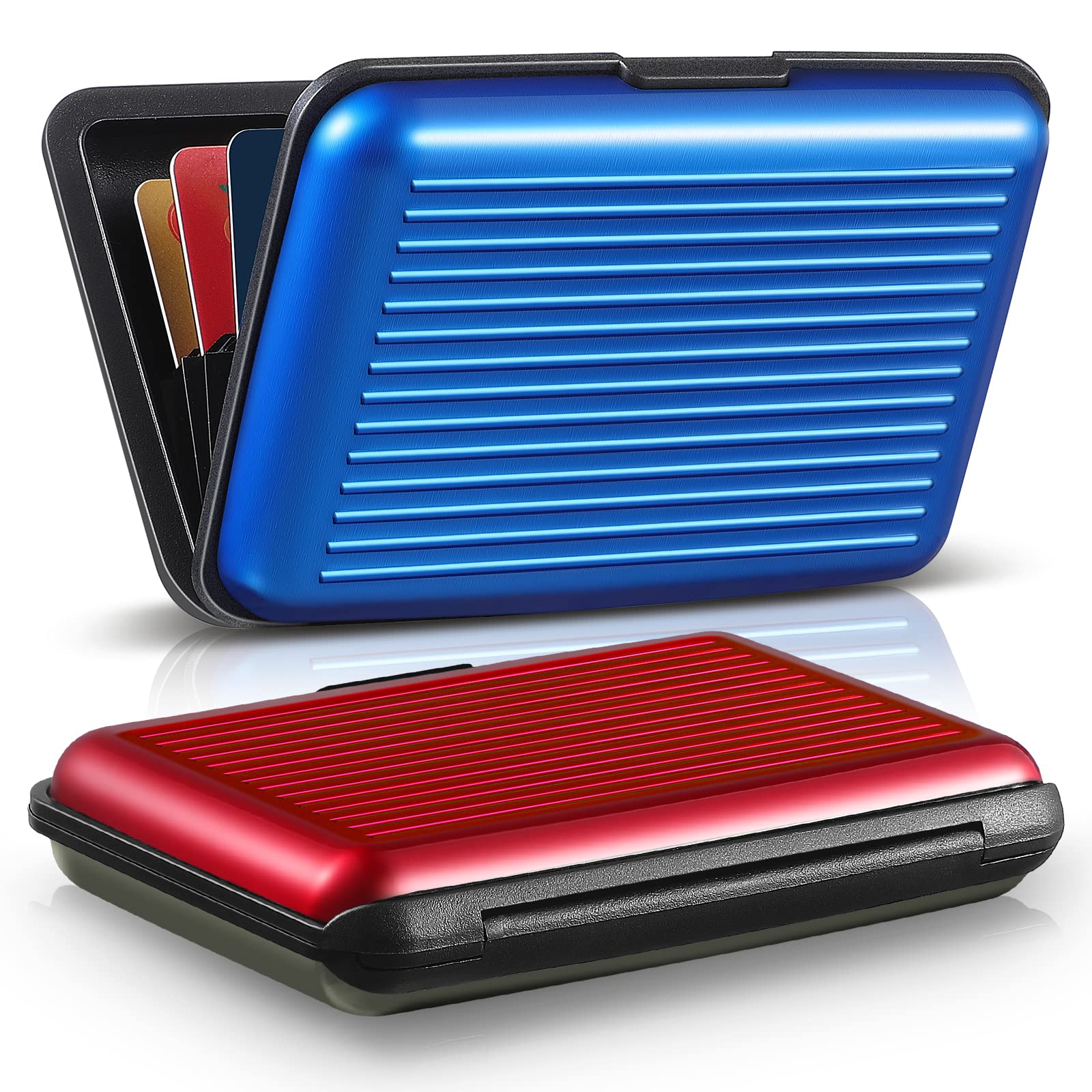 BBTO 2 Pieces Credit Card Holder Slim Mini RFID Blocking Credit Card Protector Aluminum Business Card Case Metal ID Organizer Wallet with 7 Slots for Women Men (Red, Blue)