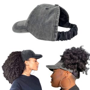 curlcap natural hair backless cap – satin lined baseball hat for women (black denim), one size