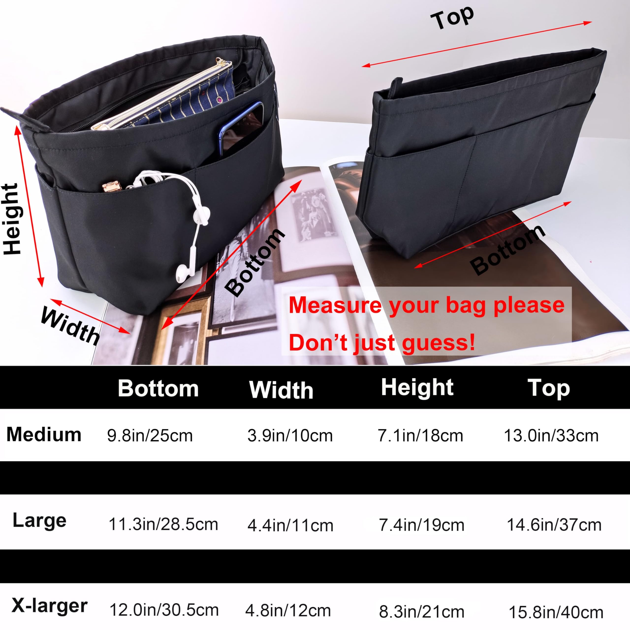 Time Wing Purse Organizer Insert Tote Handbag Organizer Pocketbook Divider Bag in Bag Shaper Liner Multi Pockets Compartments Zippers Key Chain Large Black