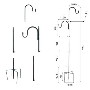 MIPON 2 Pack 78 Inch Double Shepherds Hooks for Outdoor Bird Feeder,Hanging Plants,Solar Light,Adjustable 78/62/46/30 Inch,5/8 Inch Width Heavy Duty Garden Shepards Hook