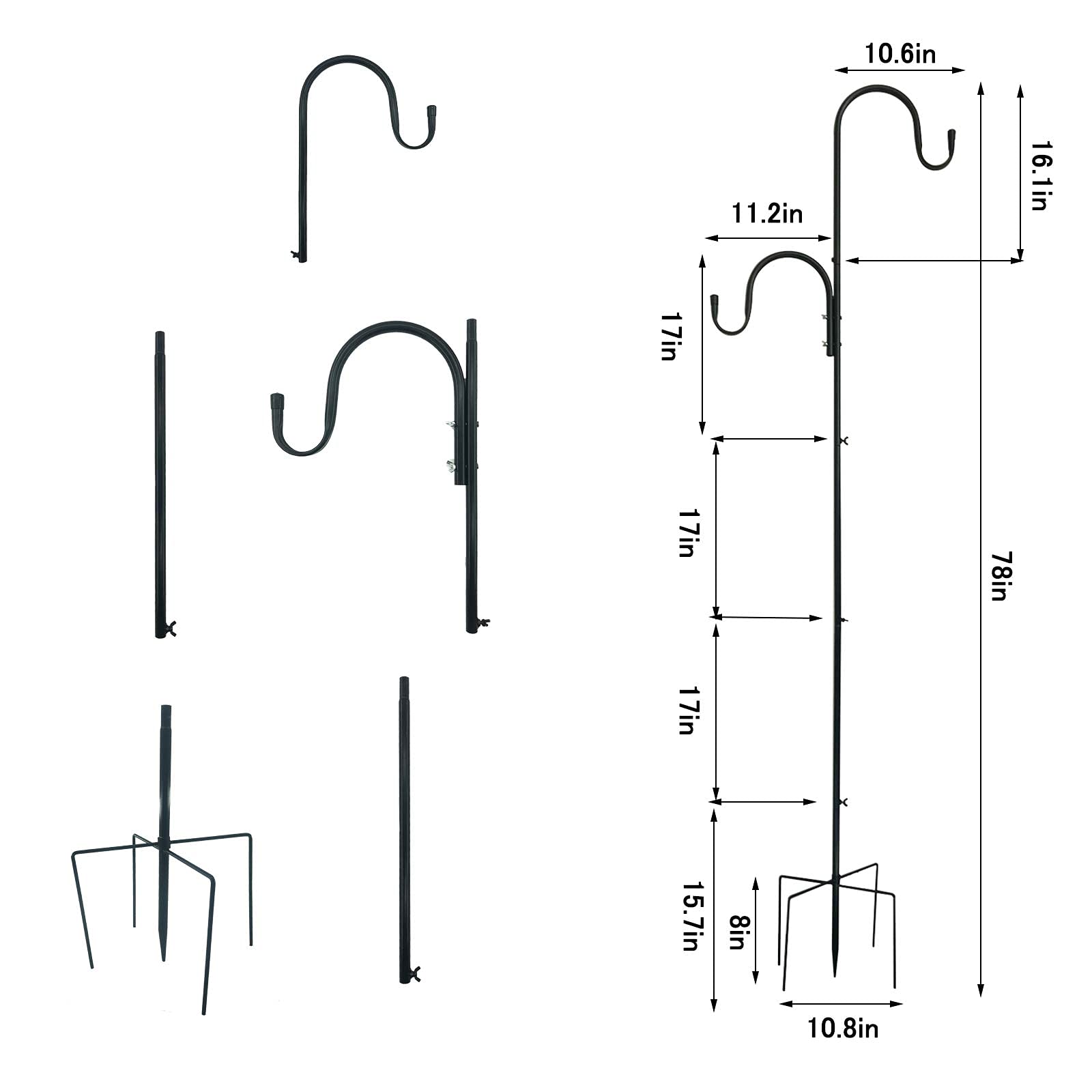 MIPON 2 Pack 78 Inch Double Shepherds Hooks for Outdoor Bird Feeder,Hanging Plants,Solar Light,Adjustable 78/62/46/30 Inch,5/8 Inch Width Heavy Duty Garden Shepards Hook