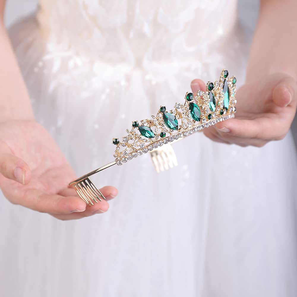 JWICOS Crystal Tiara with Comb for Women Queen Crown Wedding Bridal Party (Green)