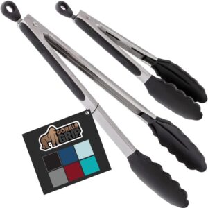 gorilla grip stainless steel heat resistant bbq kitchen tongs set of 2, non scratch silicone tip for nonstick cooking pans, strong grip for grabbing hot food, air fryer, pull lock, 7 and 9 inch, black