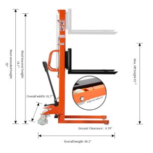 Tory Carrier Manual Forklift Pallet Stakcer 1100lbs Capacity 63" Lift Height with Adjustable Forks and Fixed Legs Hand Tools