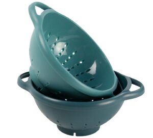 crisp 2 pack mini colander berry baskets - plastic, durable kitchenware, dishwasher safe - made in the usa - prussian blue & light teal