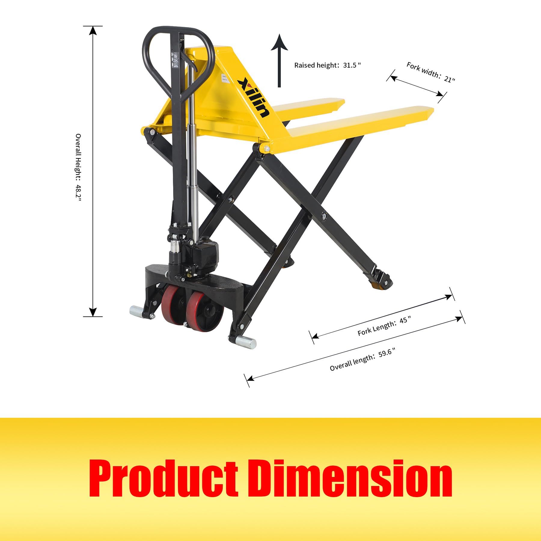 Xilin Pallet Truck,Manual Pallet Jack High Lift Truck Hand Scissor Pallet Truck 45" Lx21“W 2200lbs Capacity 3.3" Lowered 31.5 Lift Height for Open Bottom Pallet