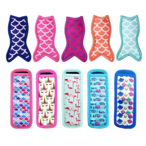 10 pieces popsicle holder popsicle bags mermaid and shark ice pop sleeves freezer reusable popsicle sleeves (long stripes and fish)