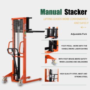 Tory Carrier Manual Forklift Pallet Stakcer 1100lbs Capacity 63" Lift Height with Adjustable Forks and Fixed Legs Hand Tools