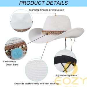 Straw Cowboy Hat for Women Men Girls Roll up Wide Brim Western Cowgirl Summer Beach Sun Hats White