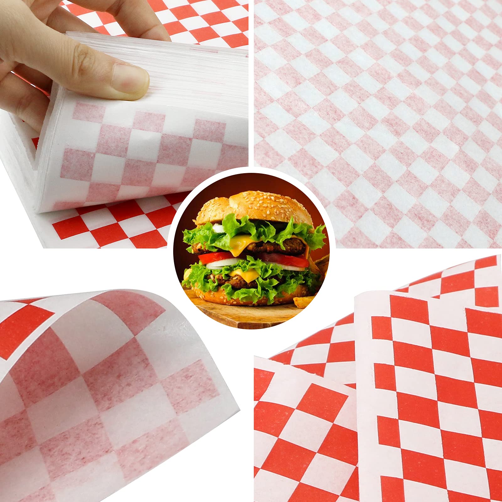 Oomcu 200 Sheets Red and White Checkered Dry Waxed Deli Paper Sheets, Paper Liners for Plastic Food Basket, Special for Wrapping Bread and Sandwiches(11.5''x11.5'')