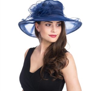 Lucky Leaf Women Church Cap Wide Brim Summer Sun Hat for Party Wedding(Hat1-2-Peacock Blue New)