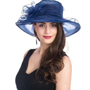 Lucky Leaf Women Church Cap Wide Brim Summer Sun Hat for Party Wedding(Hat1-2-Peacock Blue New)