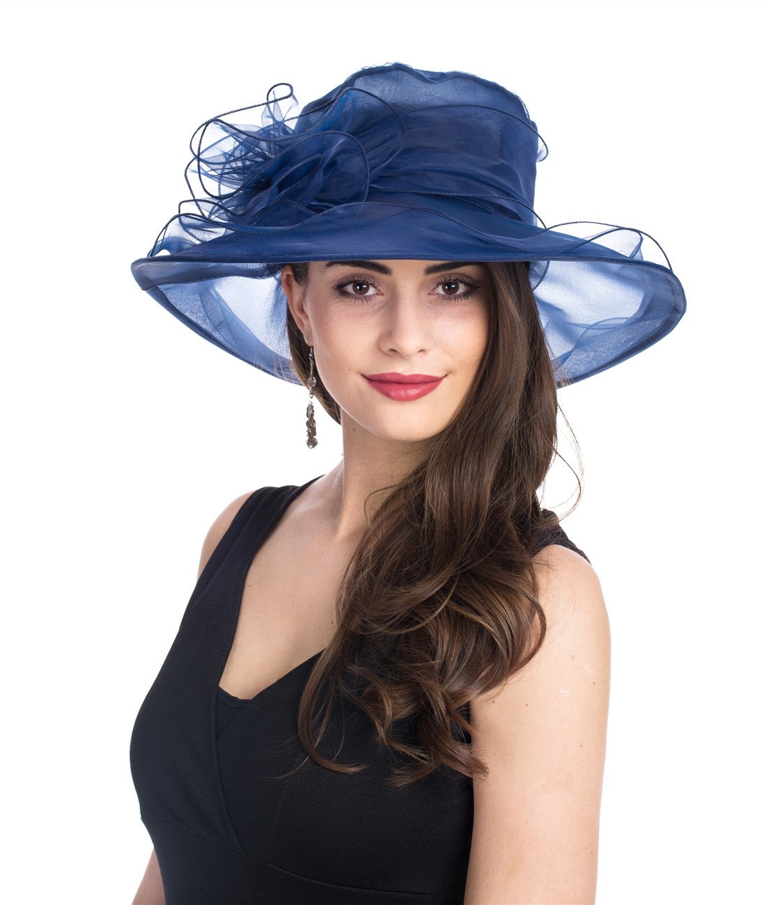 Lucky Leaf Women Church Cap Wide Brim Summer Sun Hat for Party Wedding(Hat1-2-Peacock Blue New)