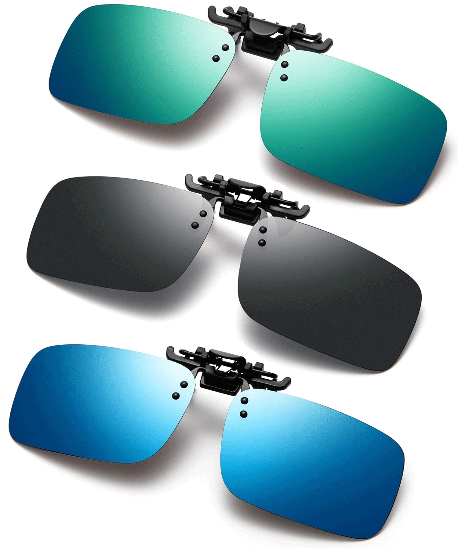 FF FRAZALA Polarized Clip-on Sunglasses 3 PACK Anti-Glare UV Protection Flip-up Sunglasses Over Prescription Glasses (green&black&blue)