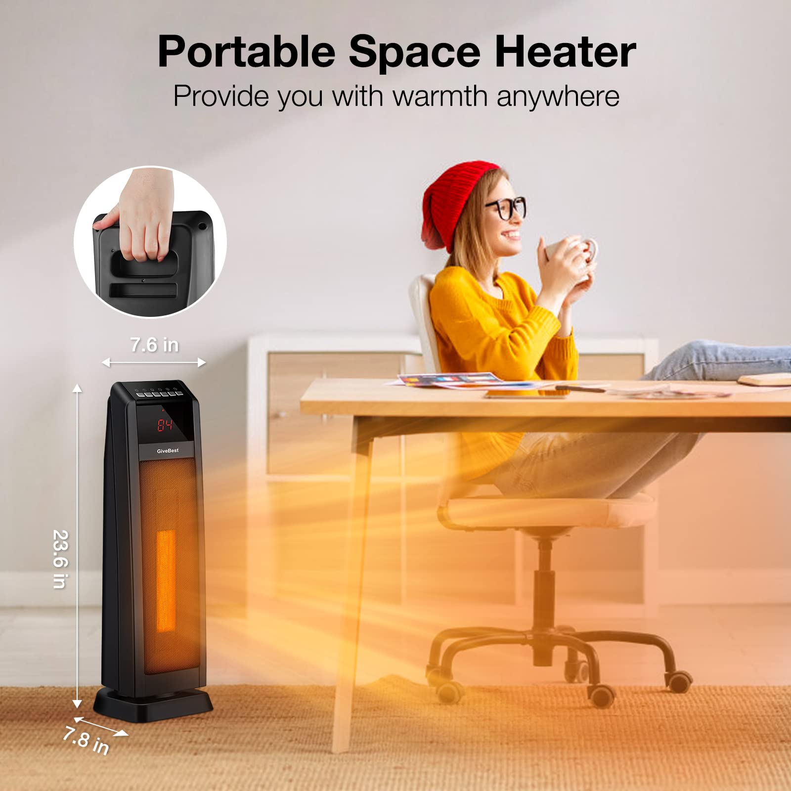 GiveBest Space Heater for Large Room, 24" Ceramic Tower Heater with Remote Control 1H to 8H Timer ETL Certified Digital Oscillating Heater with Overheat Protection Tip-Over Switch for Indoor Use