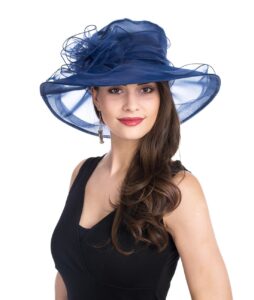 lucky leaf women church cap wide brim summer sun hat for party wedding(hat1-2-peacock blue new)