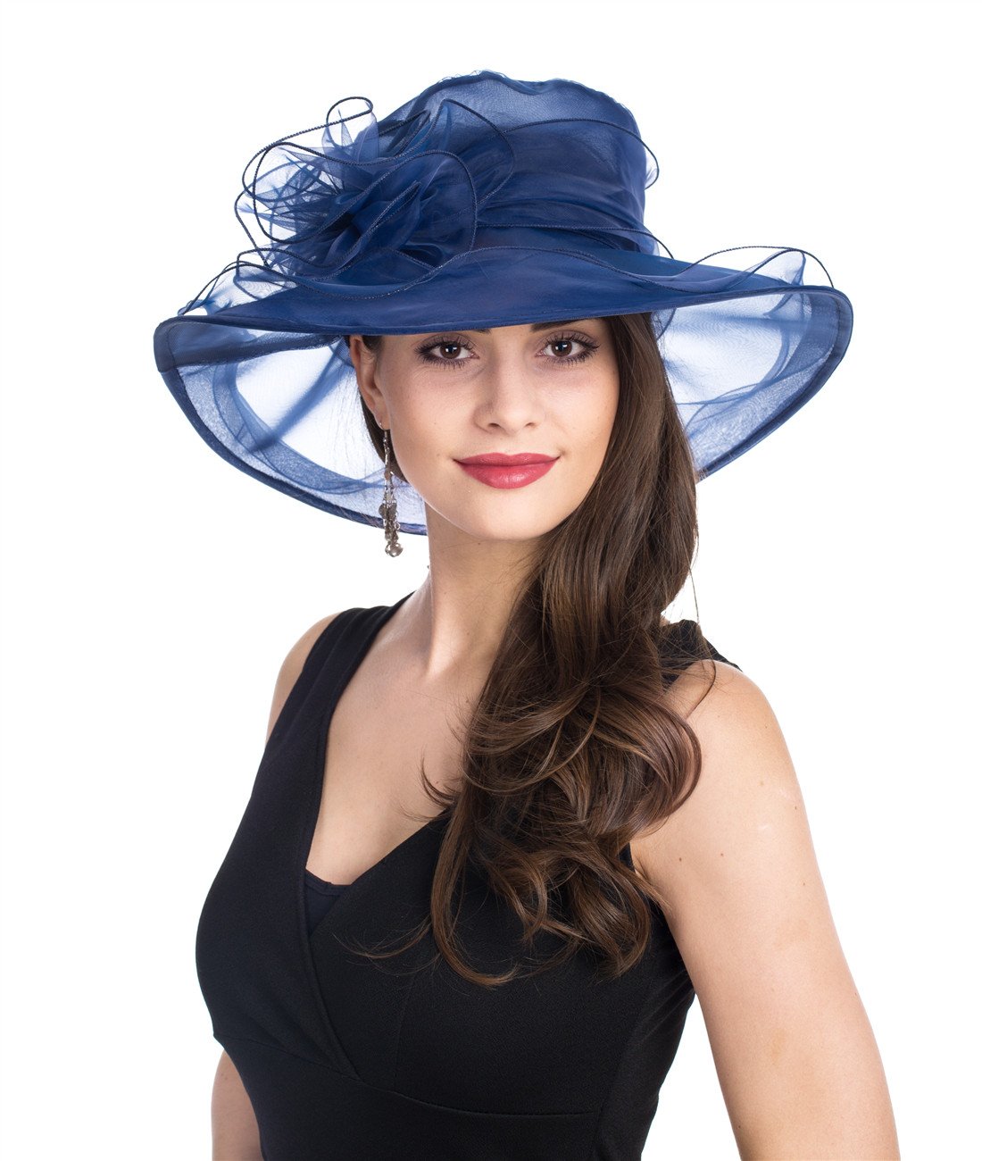 Lucky Leaf Women Church Cap Wide Brim Summer Sun Hat for Party Wedding(Hat1-2-Peacock Blue New)