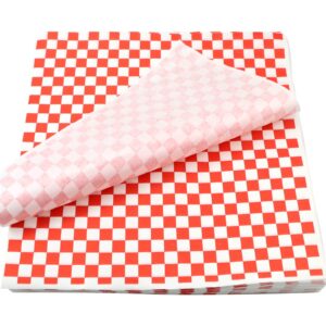 oomcu 200 sheets red and white checkered dry waxed deli paper sheets, paper liners for plastic food basket, special for wrapping bread and sandwiches(11.5''x11.5'')