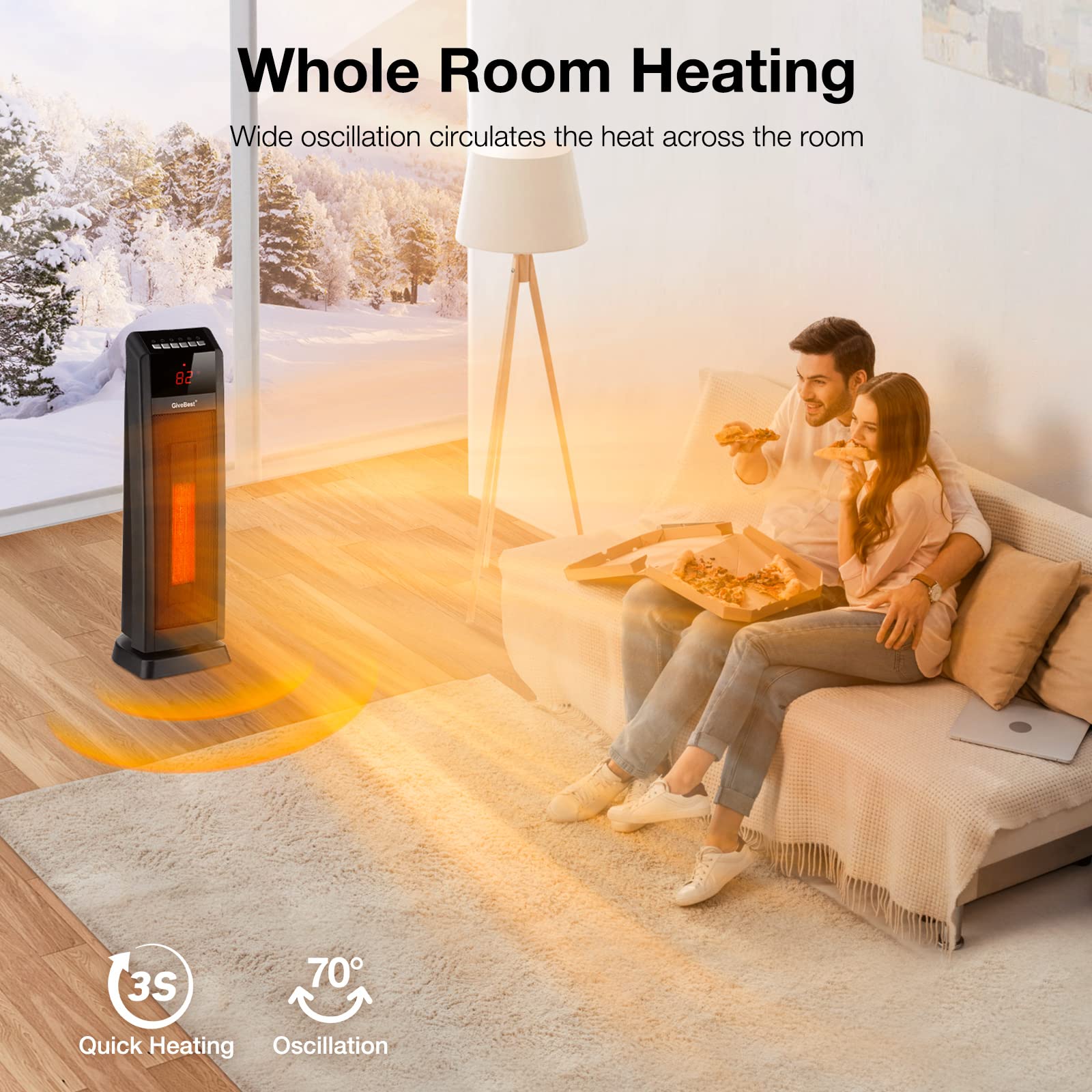 GiveBest Space Heater for Large Room, 24" Ceramic Tower Heater with Remote Control 1H to 8H Timer ETL Certified Digital Oscillating Heater with Overheat Protection Tip-Over Switch for Indoor Use