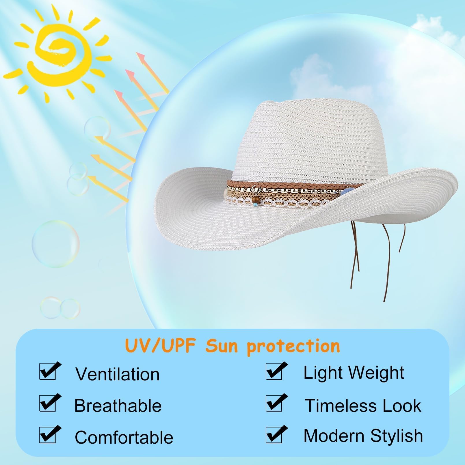 Straw Cowboy Hat for Women Men Girls Roll up Wide Brim Western Cowgirl Summer Beach Sun Hats White