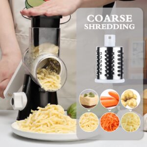 Ancevsk Rotary Cheese Grater with Handle, Manual Speed Round Cheese Shredder with Strong Suction Base, Easy to Use Potato Hashbrown Shredder with 3 Replaceable Stainless Steel Drum Blades (Black)