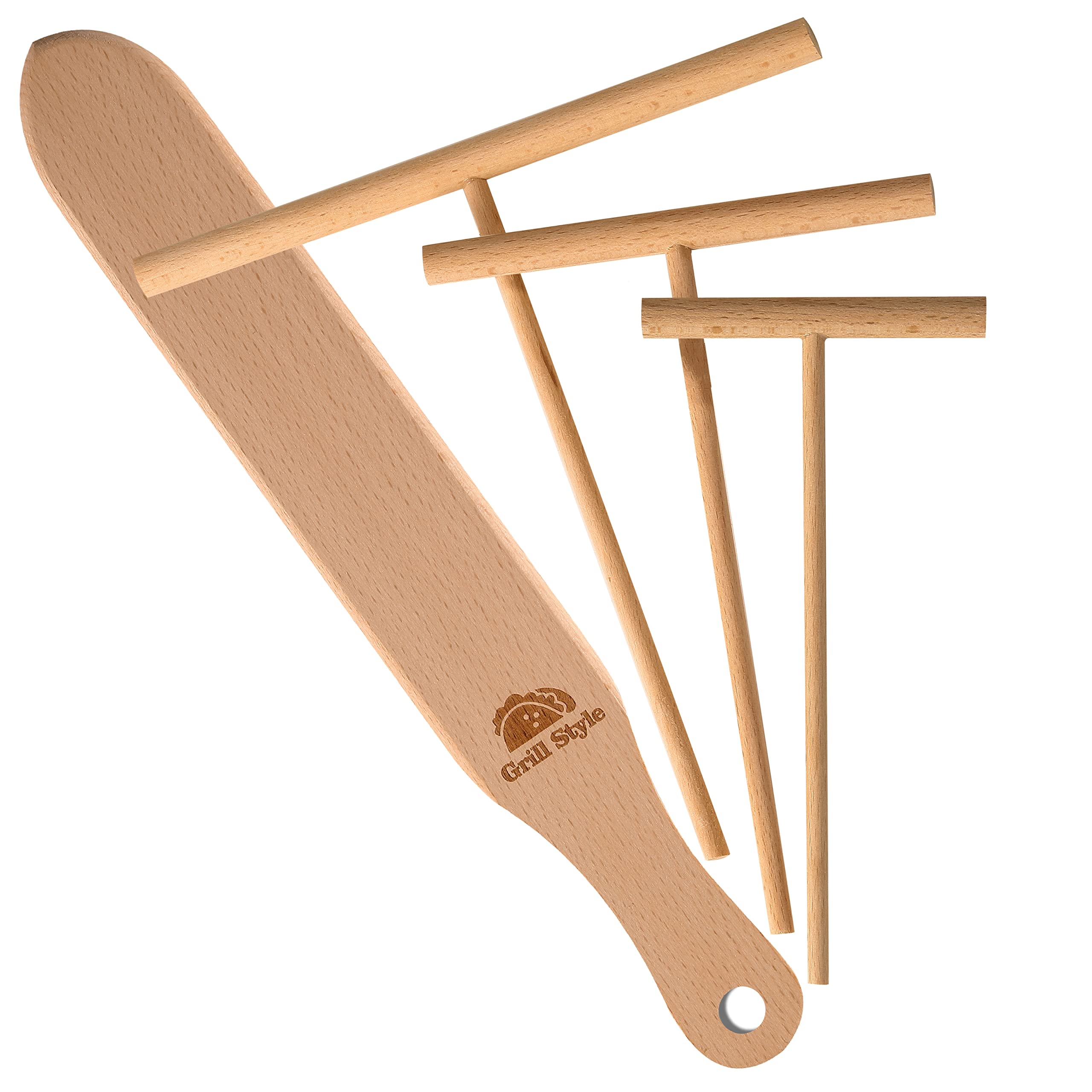 Crepe Spreader and Spatula Kit, 3.5 Inch, 5 Inch, 7 Inch T-Shaped Batter Spreaders & 13.4 Inch Spatula Turner, Pancake Tool, Natural Wood Material Crepes Sticks Fit Any Crepe Pan Maker, Pack of 4