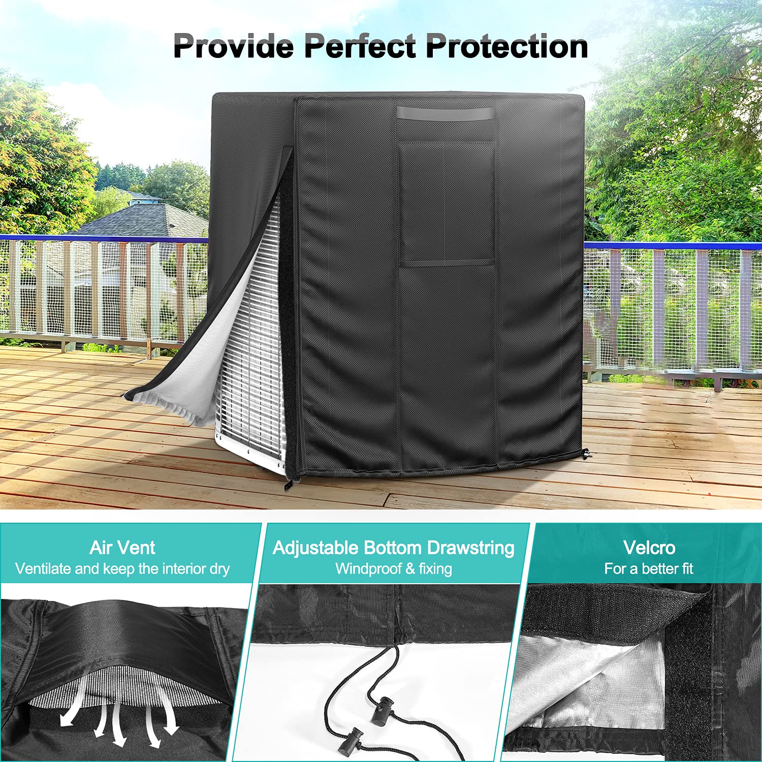 BROSYDA Central Large Air Conditioner Cover for Outside Units, Waterproof & Windproof Outdoor AC Units Cover Black (36"x36"x39" Inch)